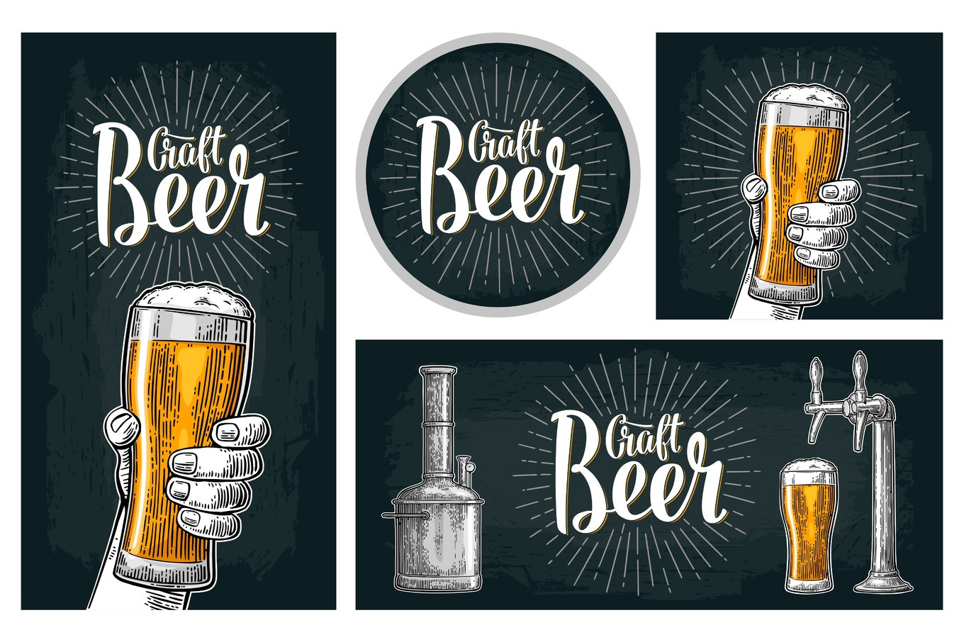 Set horizontal, vertical posters and coaster for craft beer, an ...