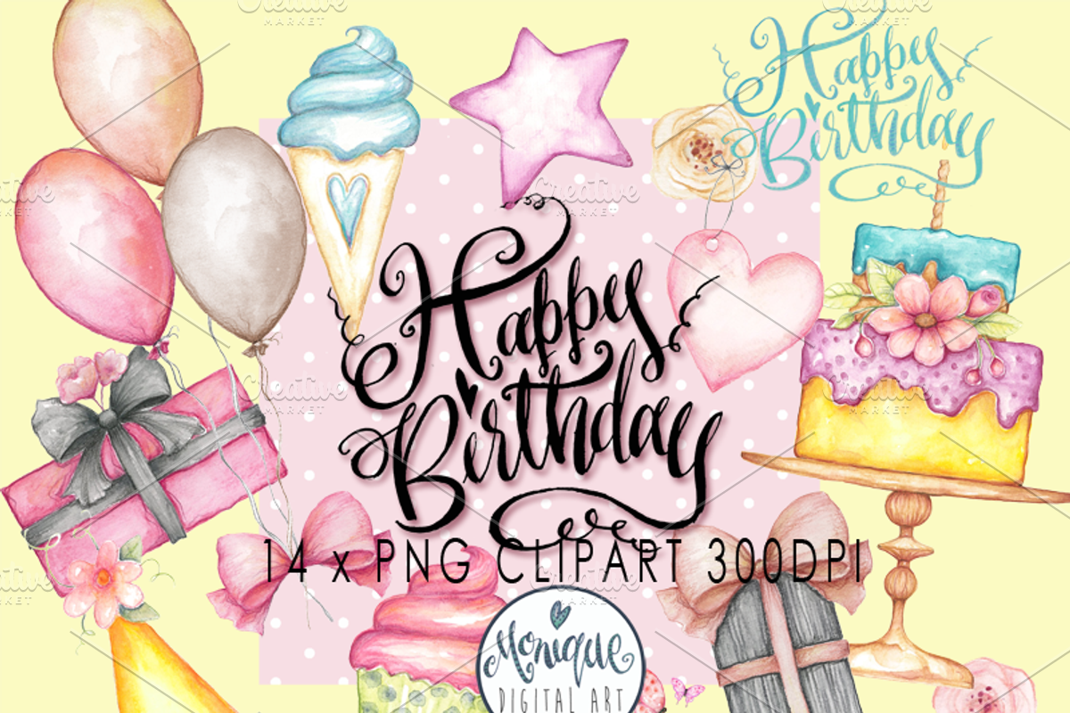 Happy Birthday Clipart Watercolor, an Illustration by Monique Digital Art