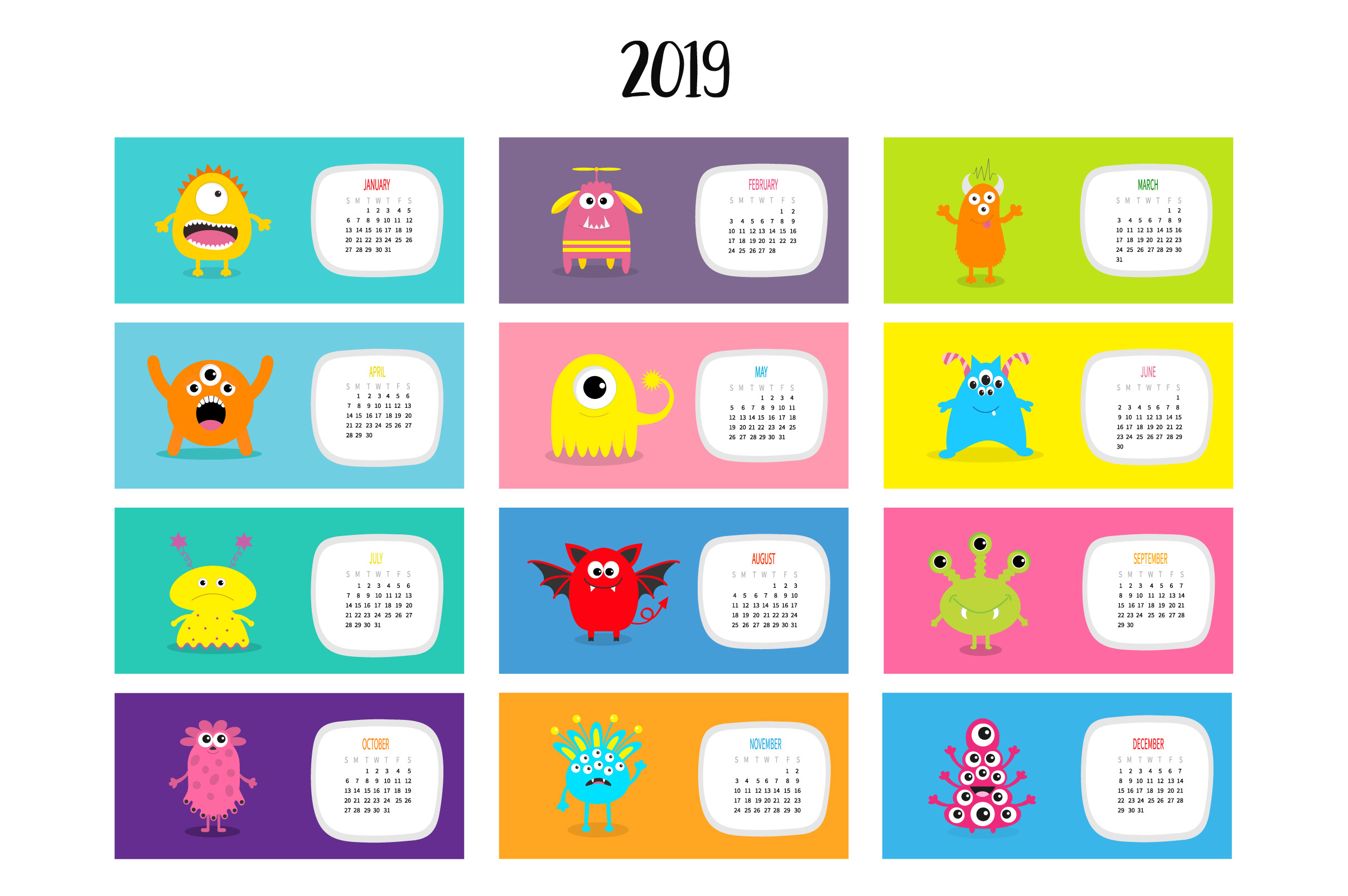Monster monthly calendar 2019., an Animal Illustration by Worldofvector