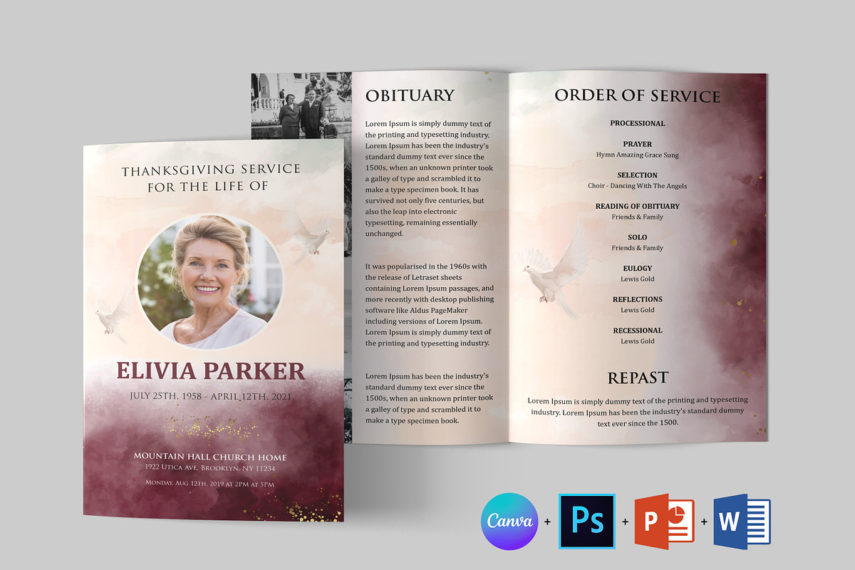 Heaven Dove Funeral Program Template, a Brochure Template by Designscozy