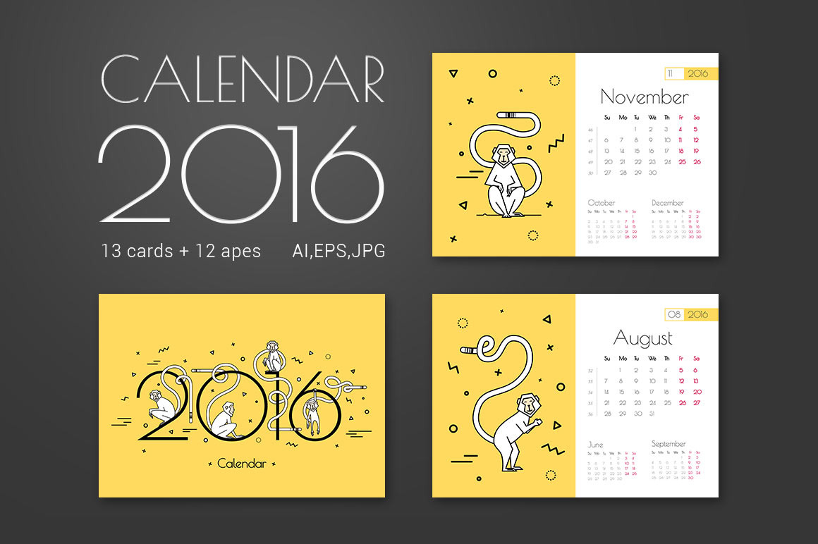 2016 Calendar with Monkeys | Stationery Templates ~ Creative Market
