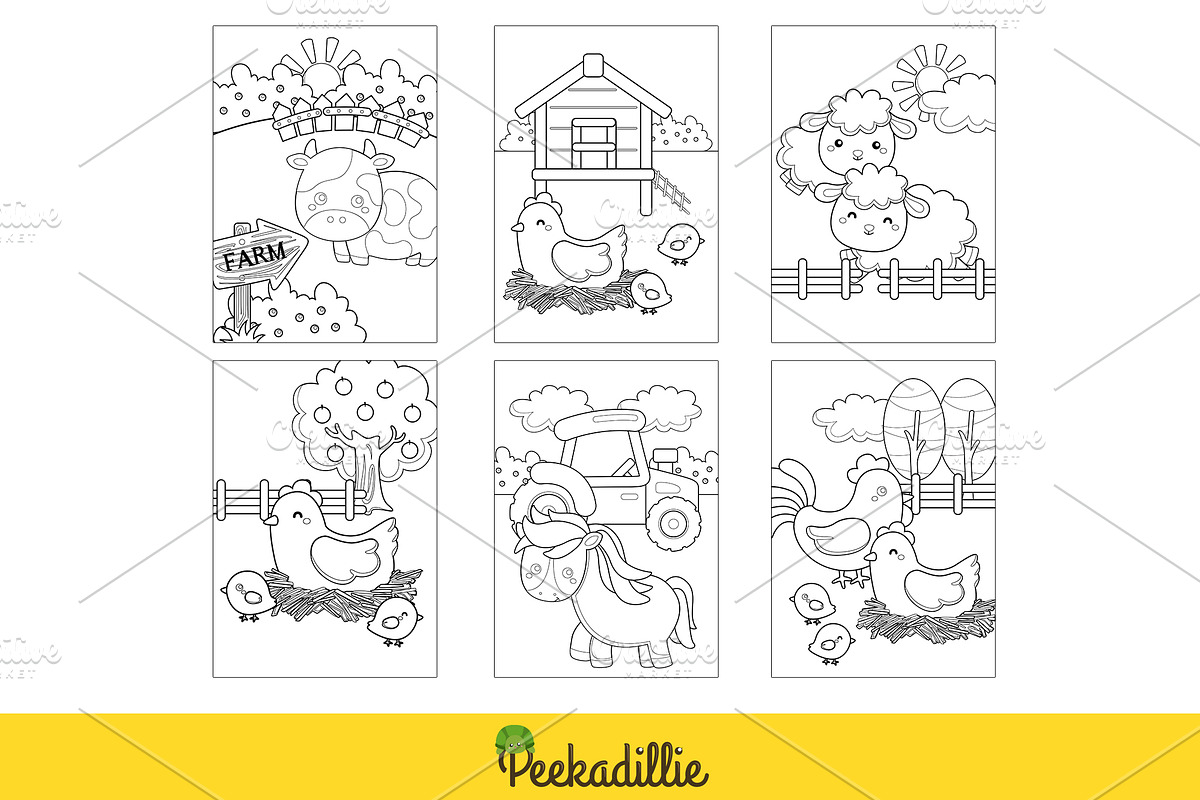Cute Farm Animals Coloring Set, an Animal Illustration by Peekadillie Art