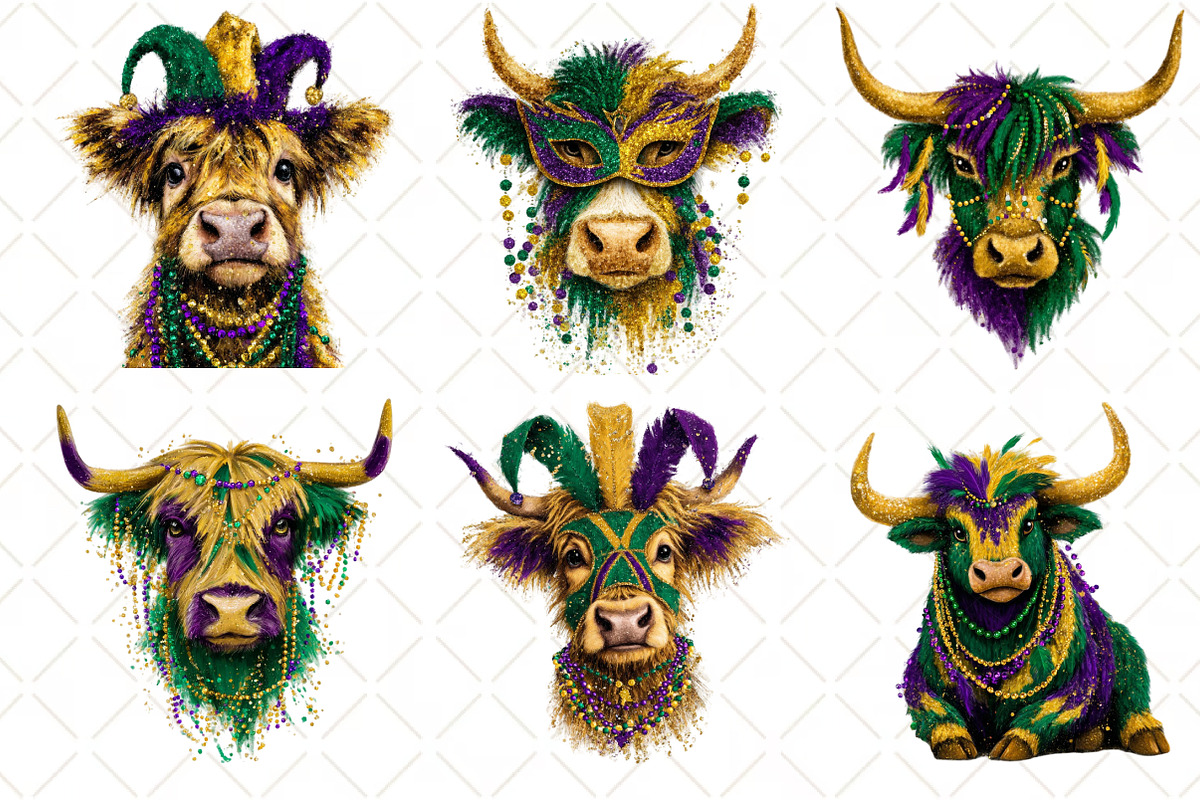 Cute Mardi Gras Highland Cow Clipart, an Illustration by Black Bird Studio