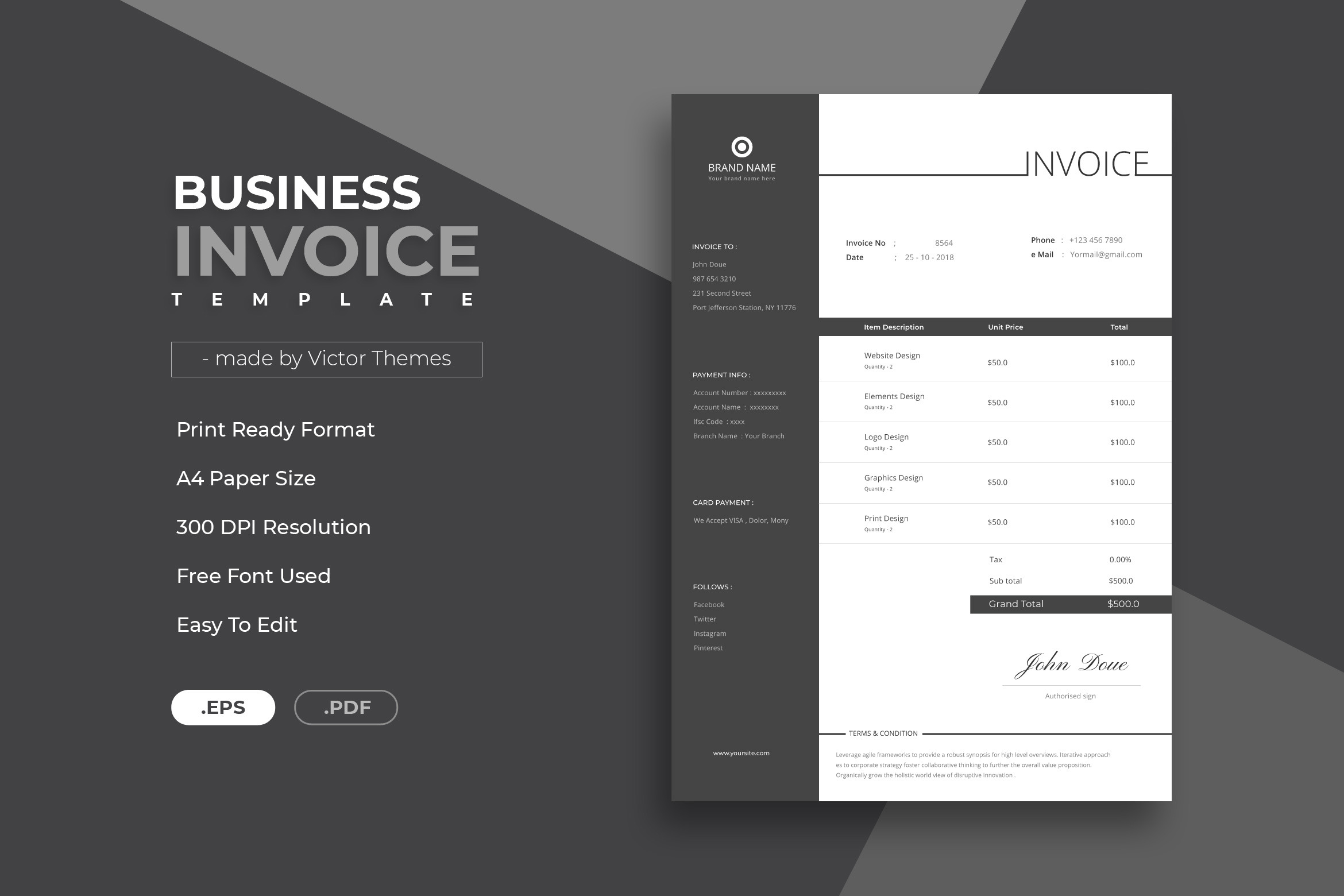 Invoice Template, a Stationery Template by VictorThemes | Creative Market