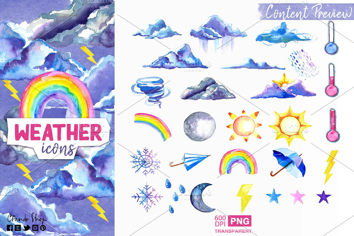 Weather Icons watercolor clip art, an Illustration by CpandoShop