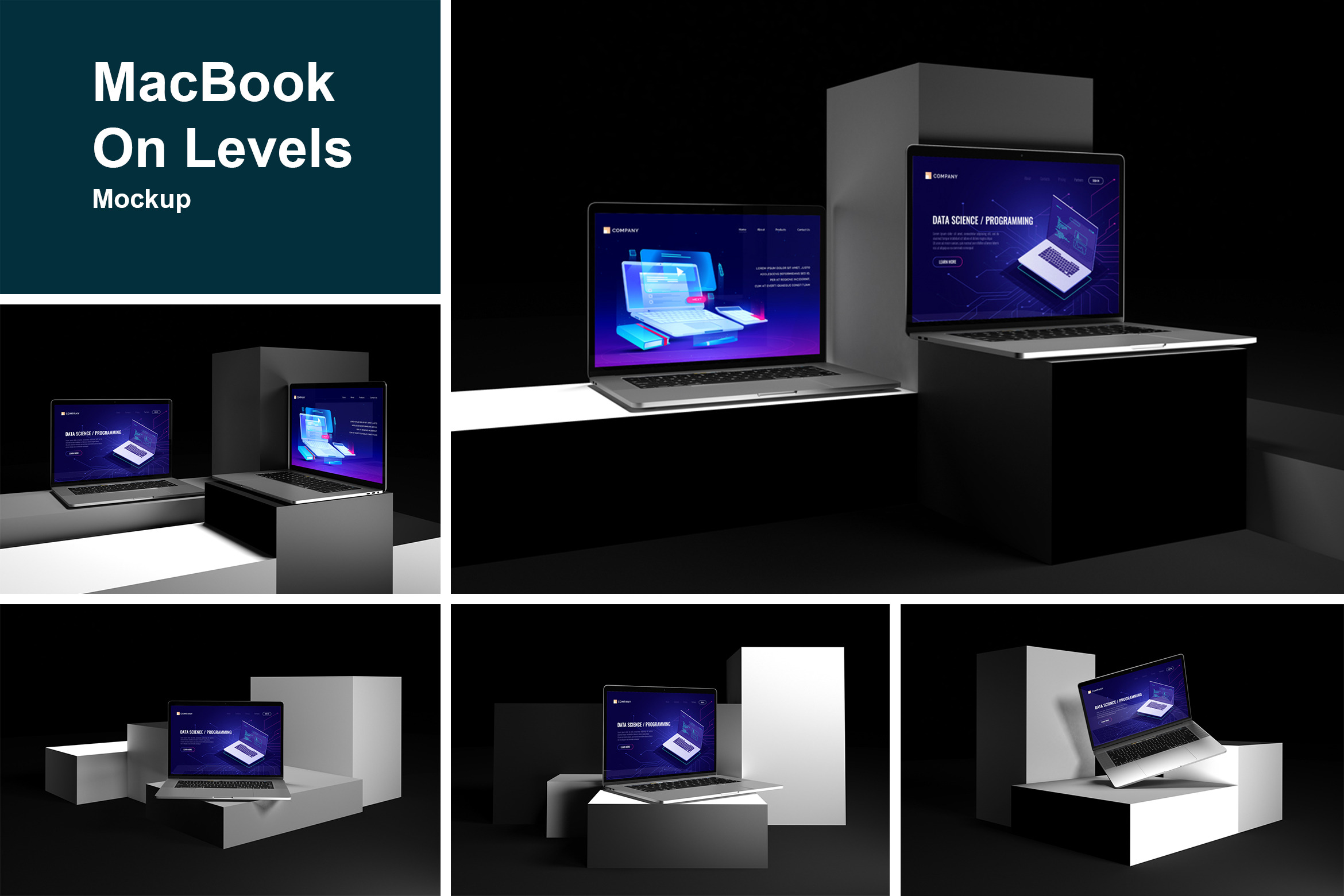 MacBook on Levels Mockup, a Mac Mockup by Qaleb Studio