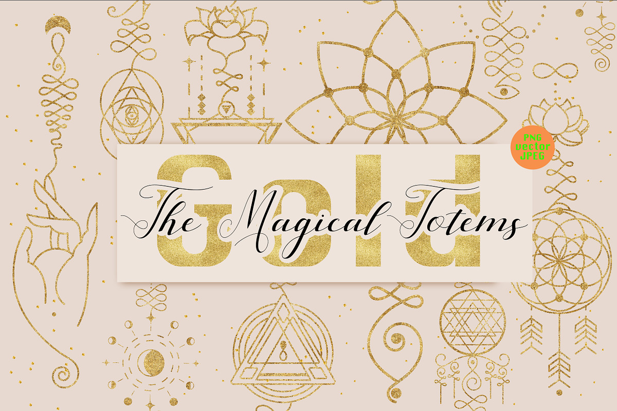 Golden Magic Totems, a Decorative Illustration by Aleksandra Slowik