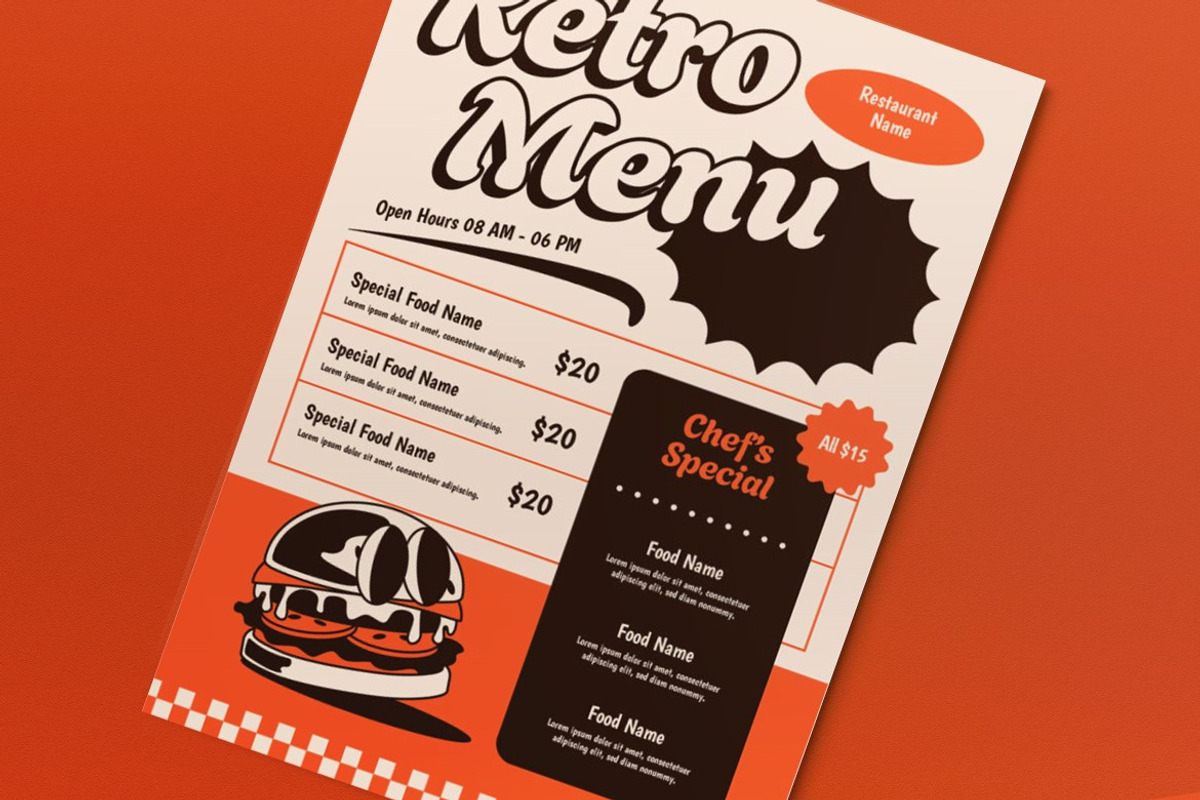 Orange Retro 1970s Food Menu, a Flyer Template by graphicook