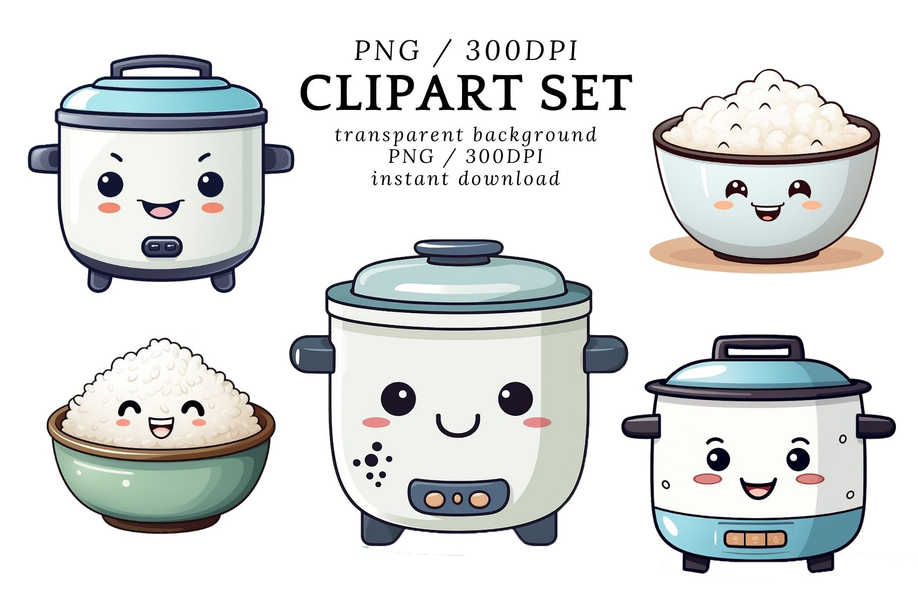 Rice cooker cute clip art set, a Food Illustration by Inknfolly