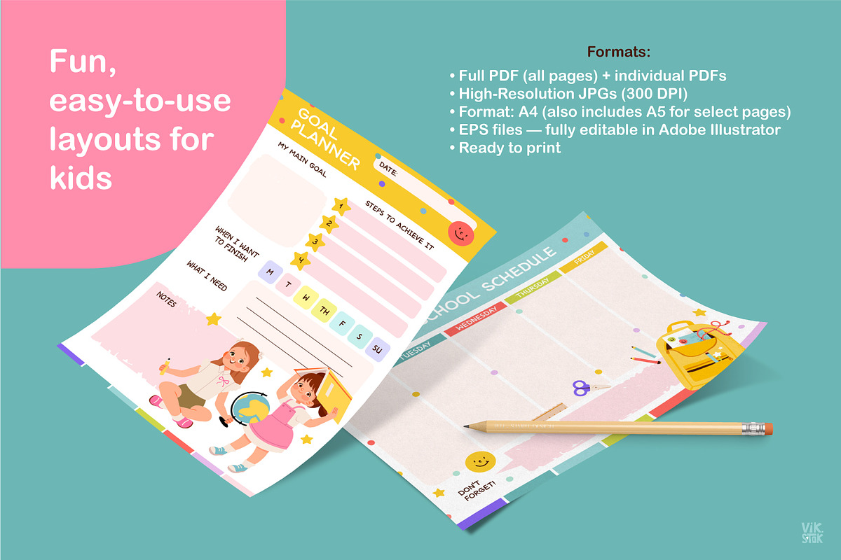 School Planner Set for Kids, a Stationery Template by vik.stock