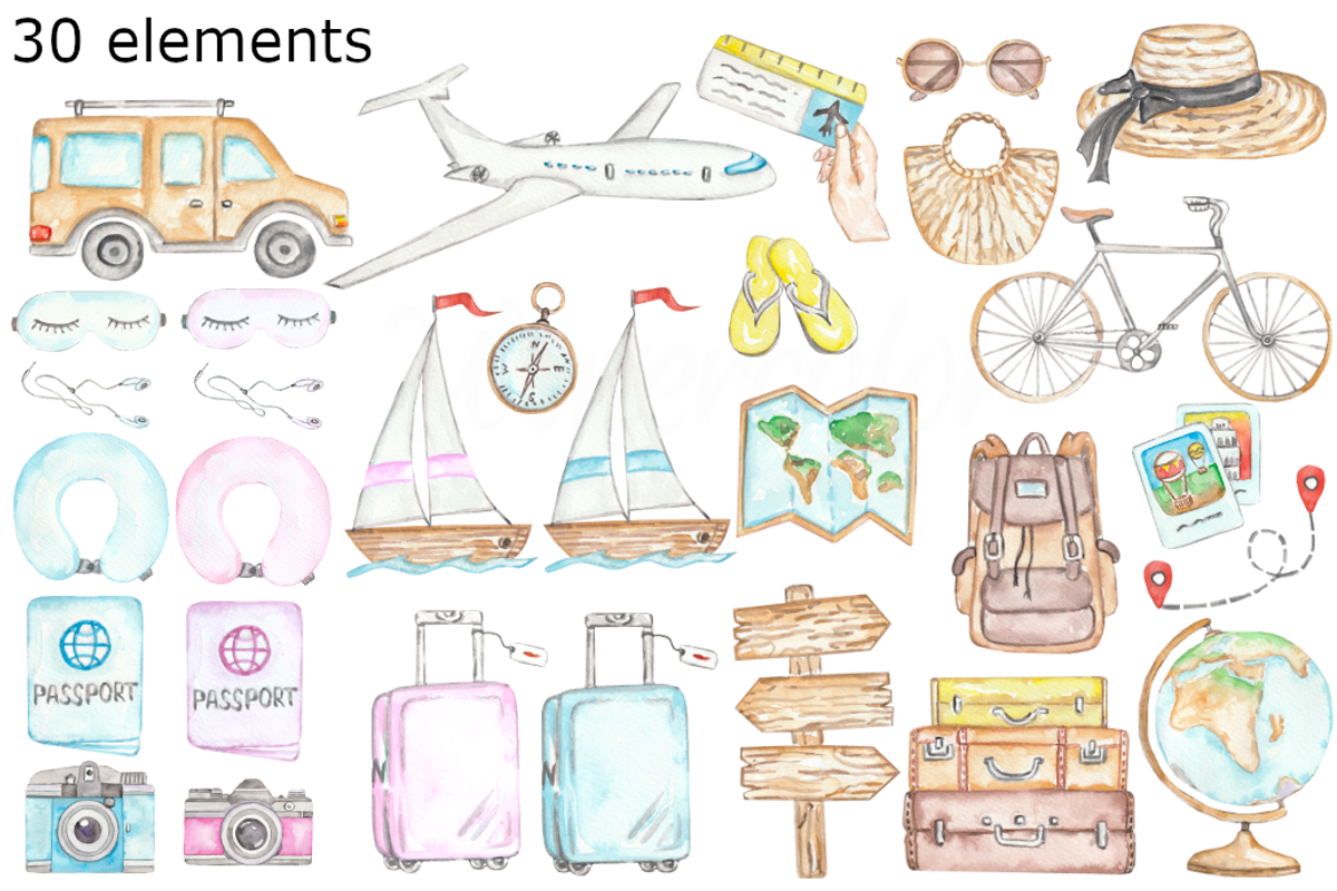 Travel watercolor clipart, a Background Graphic by GoodFairyClipArt