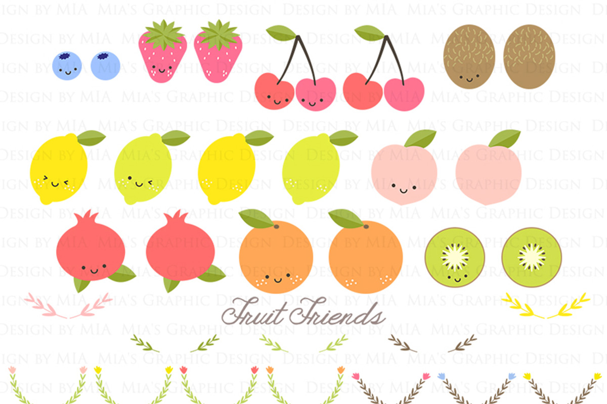 Cute Fruit Friends Clipart+Pattern, a Food Illustration by Mia's ...