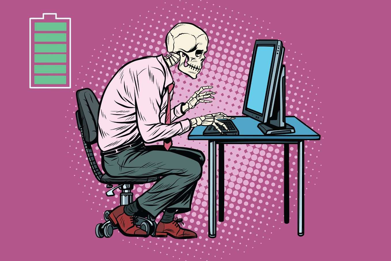 Skeleton worker working on computer, an Object Illustration by studiostoks
