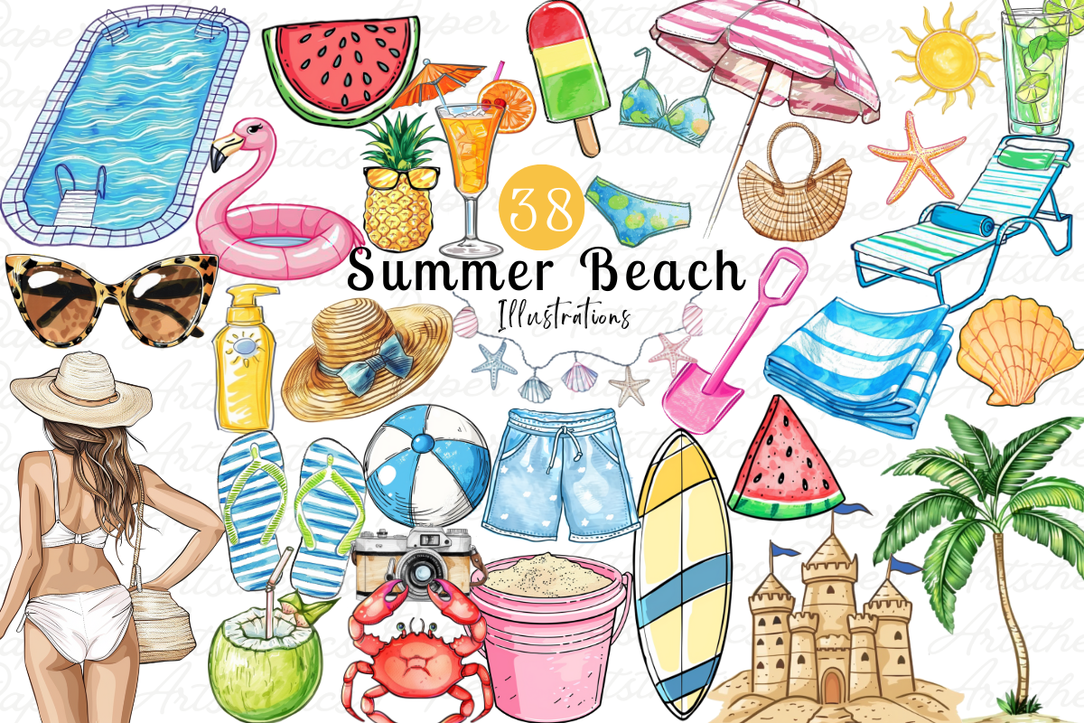 Watercolor Summer Beach Clipart Png, a Seasonal Illustration by Paper ...