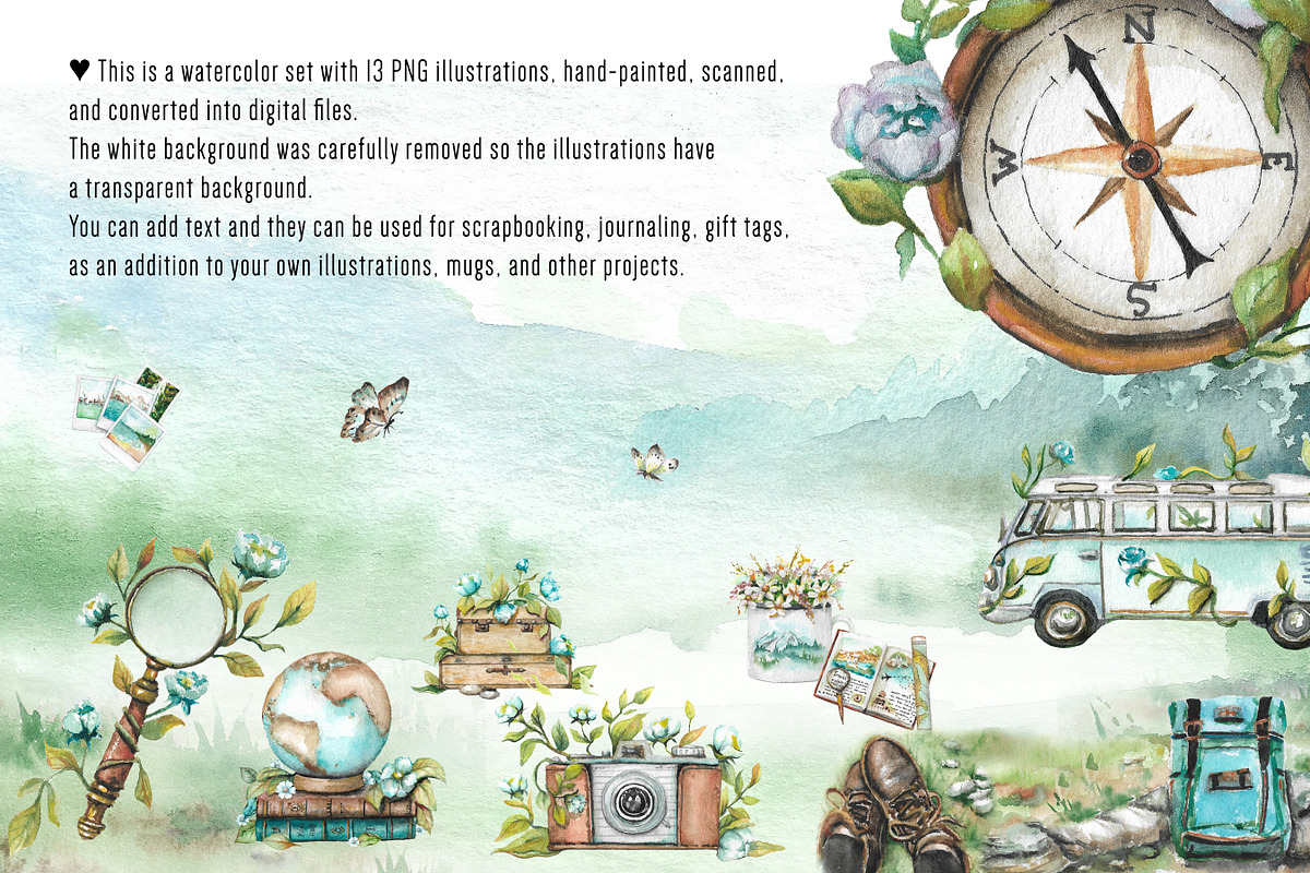 Wanderlust - Watercolor Travel Clipart | Creative Market