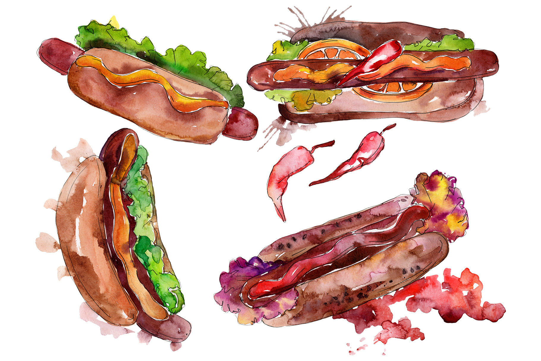 Hot-Dog With pepper Watercolor png, an Illustration by WatercolorPNG.com