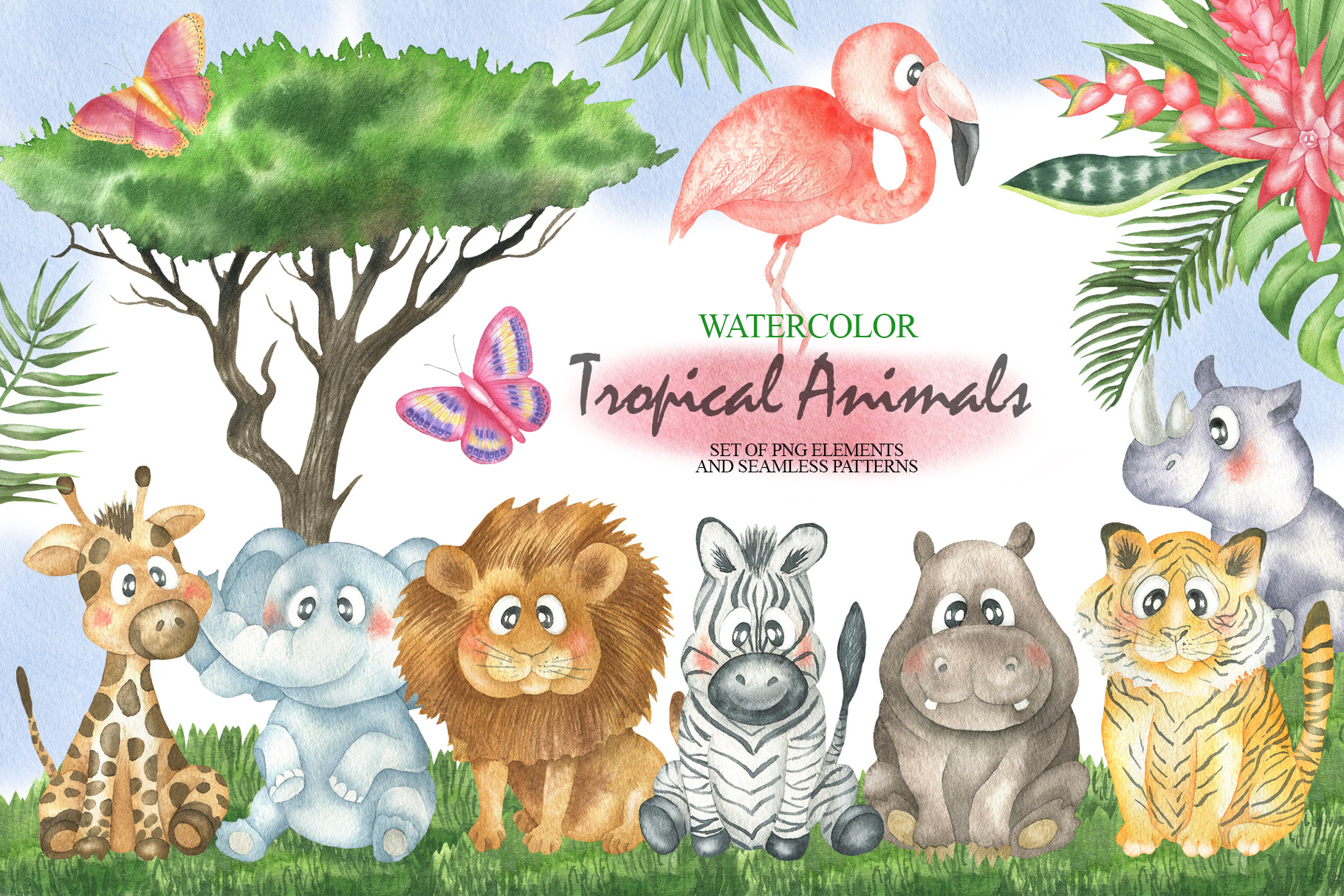 Watercolor Safari Tropical Animal, an Animal Illustration by OlDm_Shop