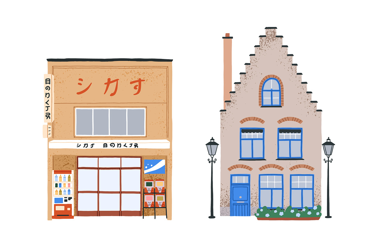 Cute city buildings, houses set, an Object Illustration by Good Studio