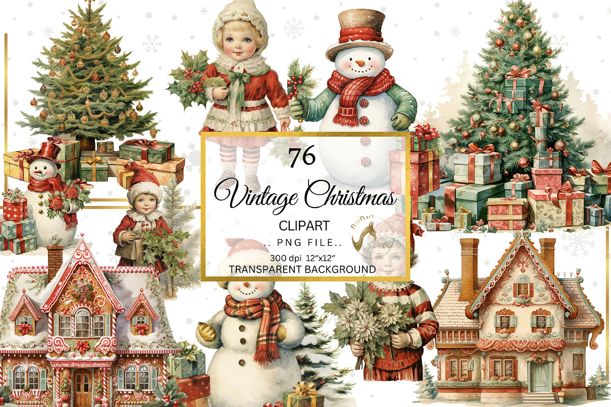 Vintage Christmas Clipart Bundle, an Illustration by NiiiNArt