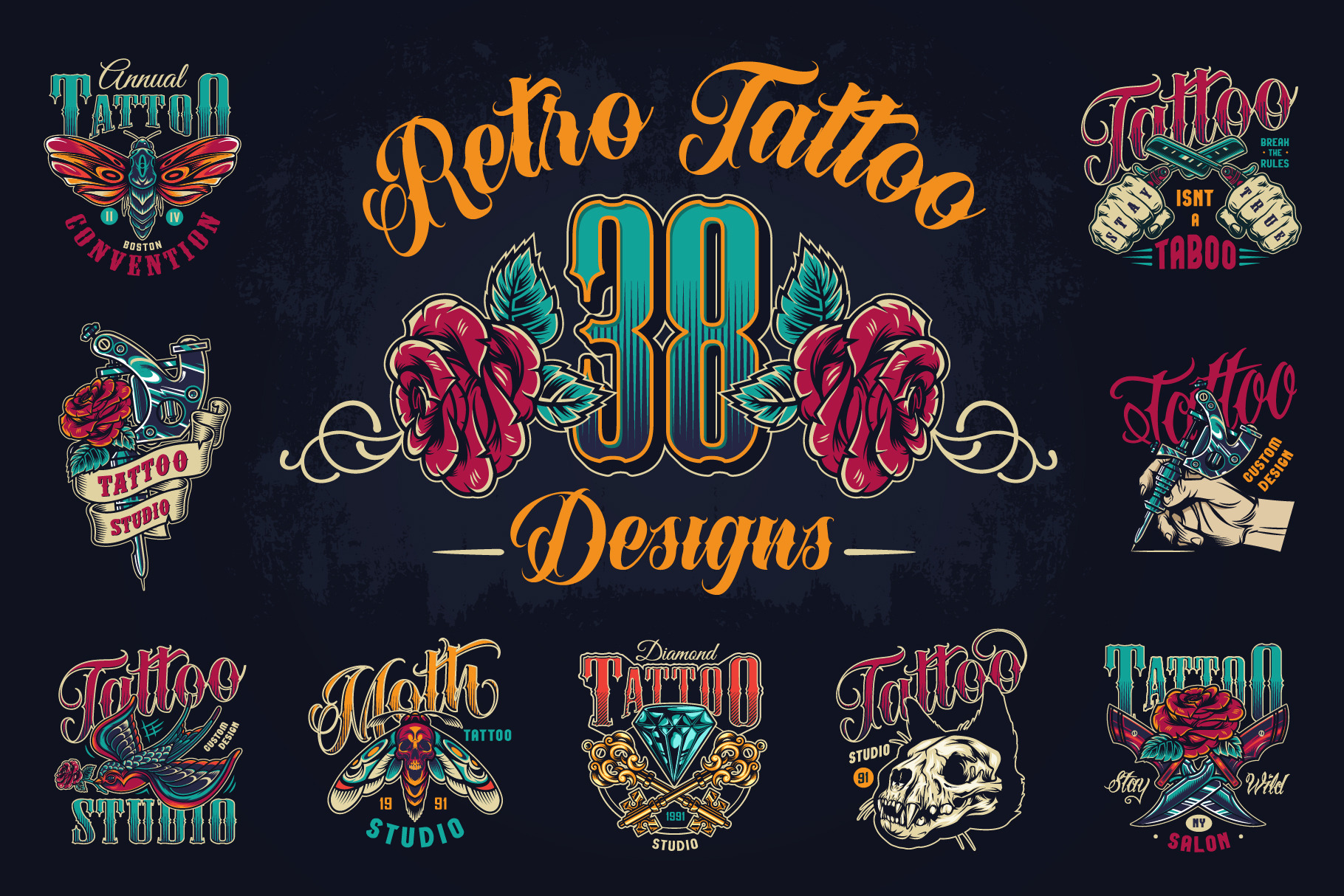 Retro Tattoo Designs Set, an Animal Illustration by DGIM studio