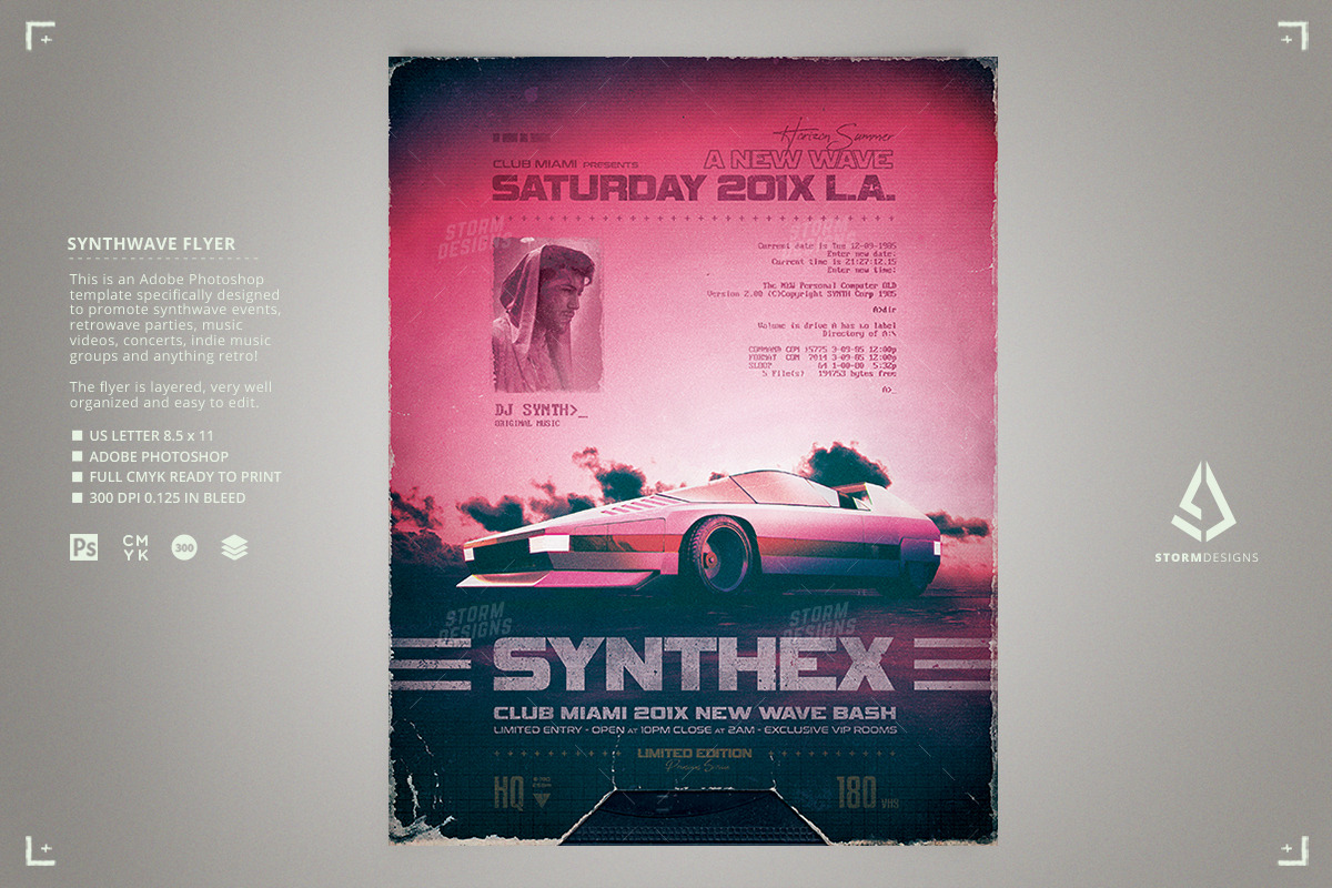Synthwave Flyer 80s Retrowave Poster, a Flyer Template by Storm Pixels