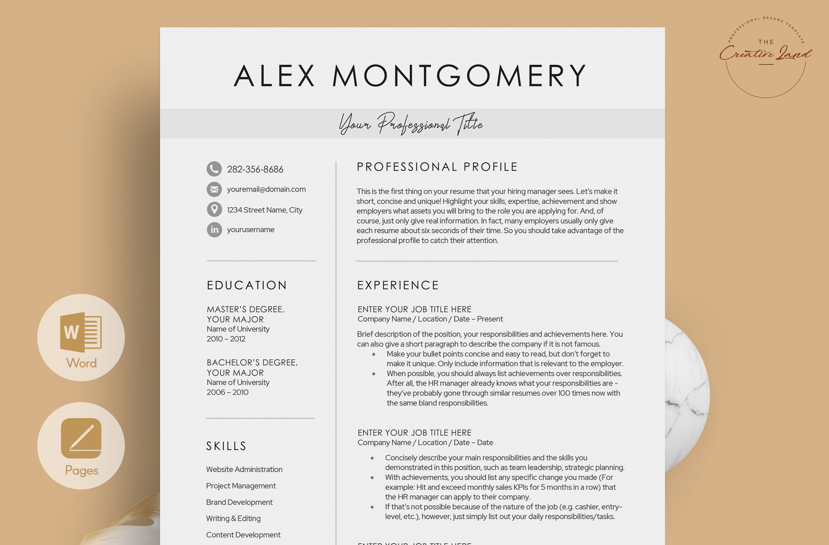 Resume/CV - The Alex, a Resume Template by CreativeLandStudio