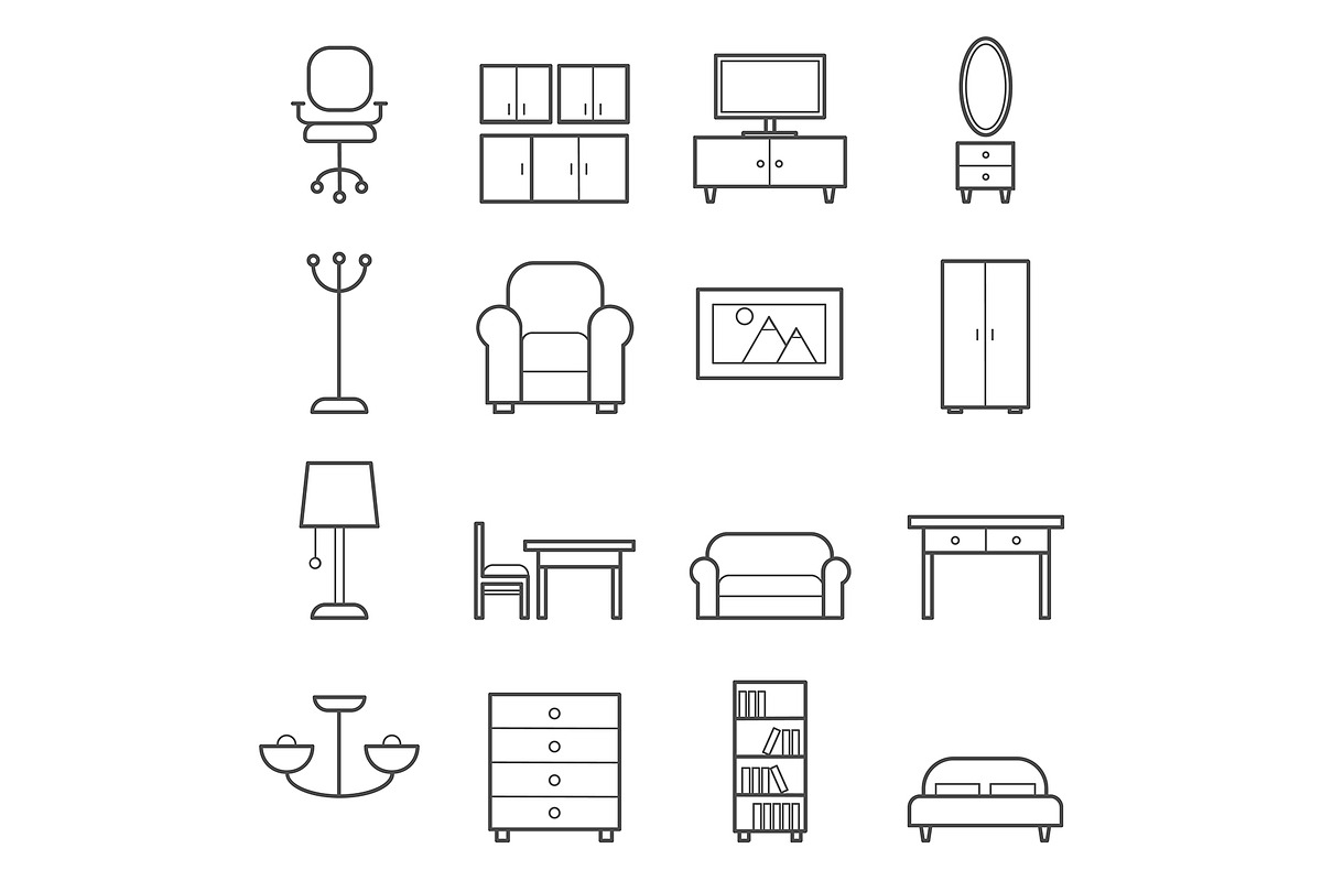 16 vector line furniture icons, an Outline Icon by Irina Romanova