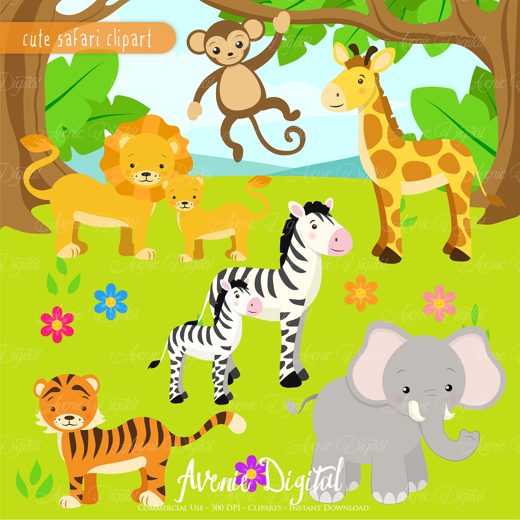 Cute Safari Animals Clipart + Vector, an Animal Illustration by Avenie ...