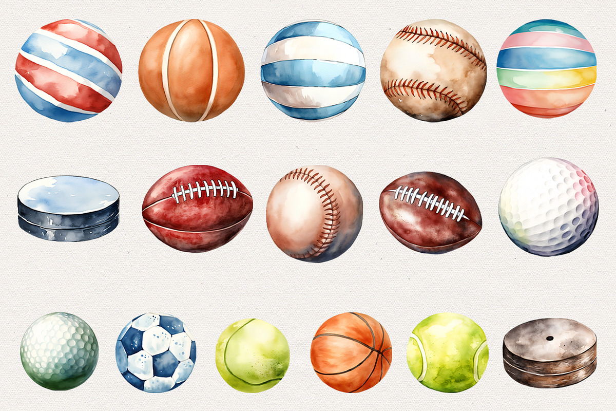 Sport Balls Watercolor Clipart. AI, a Sport Illustration by BonbonnyDesigns