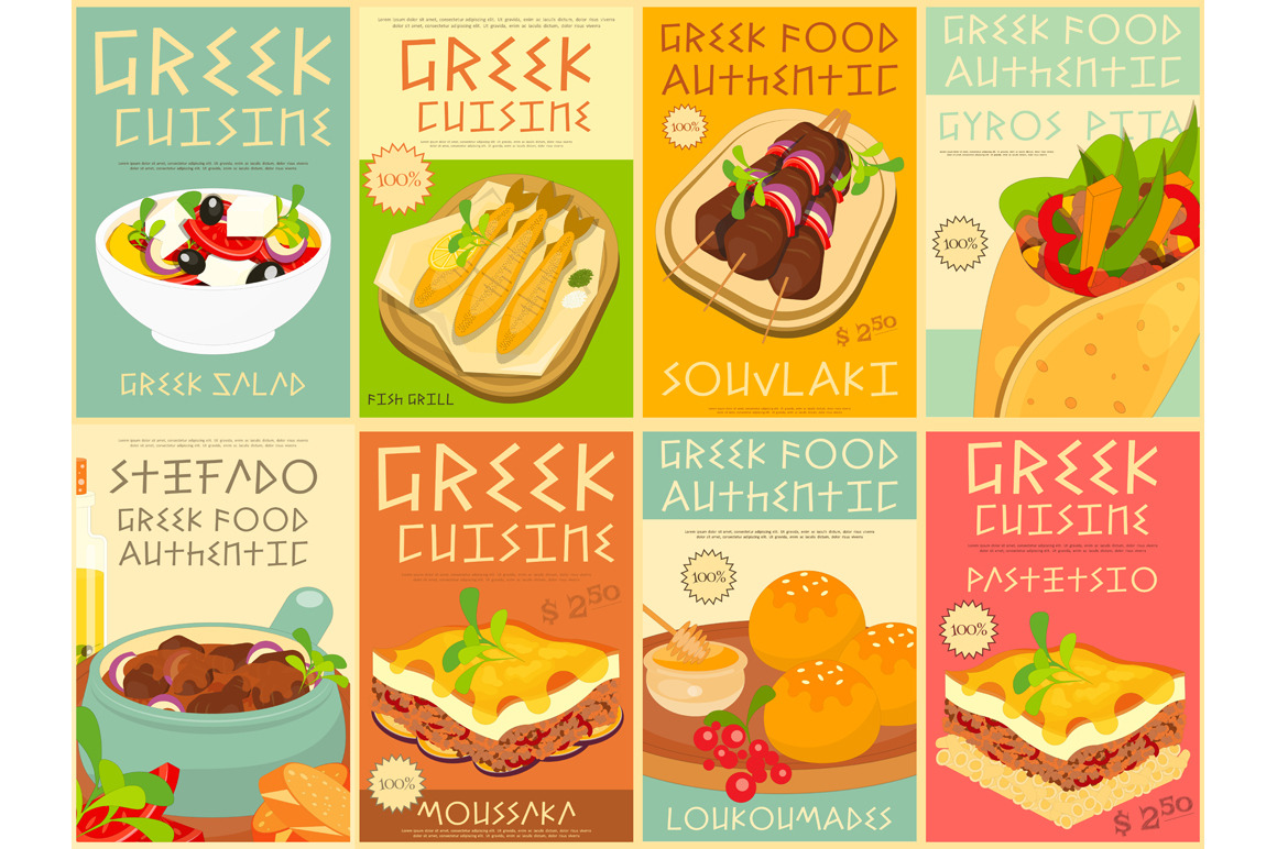 Greek Food Posters Set | Food Illustrations ~ Creative Market