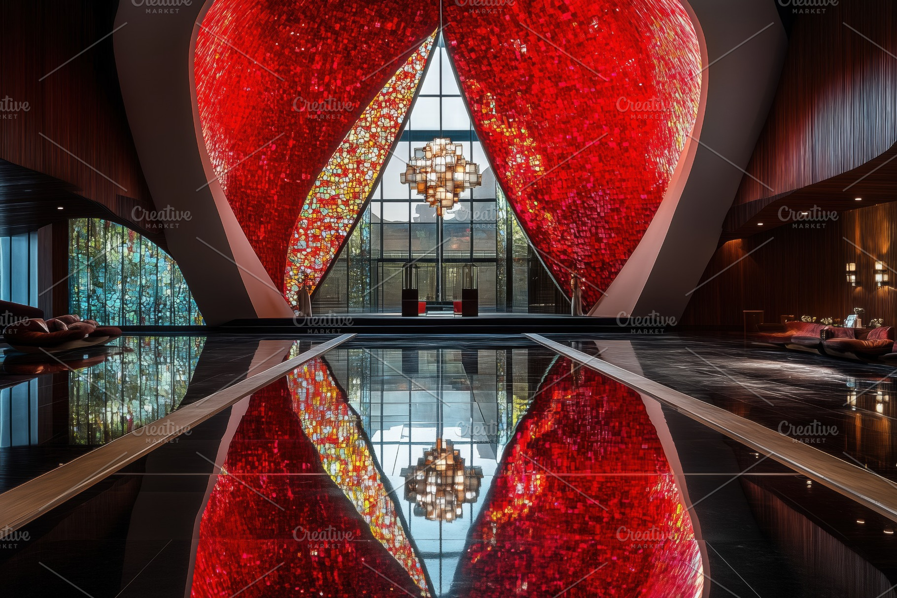 A luxurious Contemporary interior design style hotel lobby featuring a ...