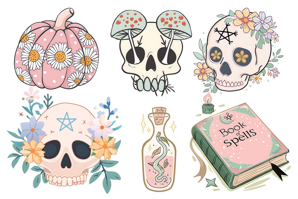Groovy Halloween Clipart Set PNG, a Decorative Illustration by Moon Studio
