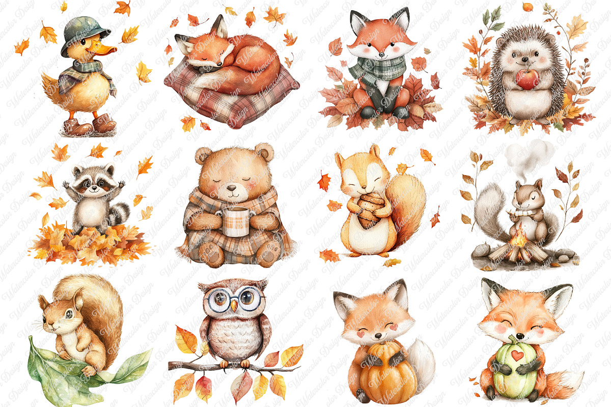 Autumn Cute Animals Clipart, an Illustration by Watercolor design