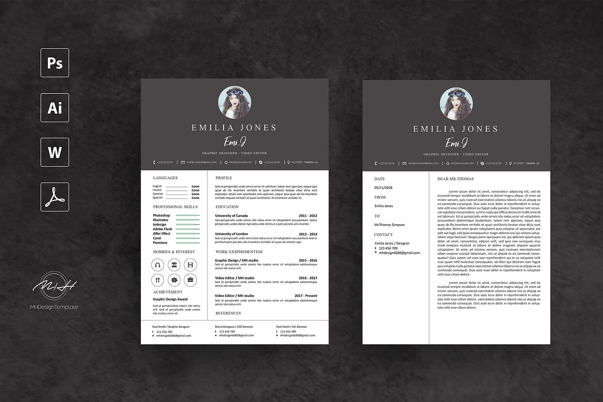 Dark Gray Resume Template, a Resume Template by MH Design Template