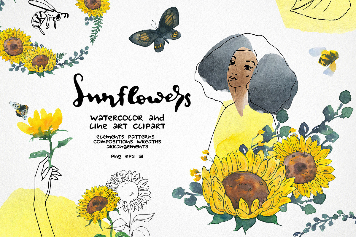 Watercolor Sunflowers Girl Art Set, a Person Illustration by LyubovZaytseva