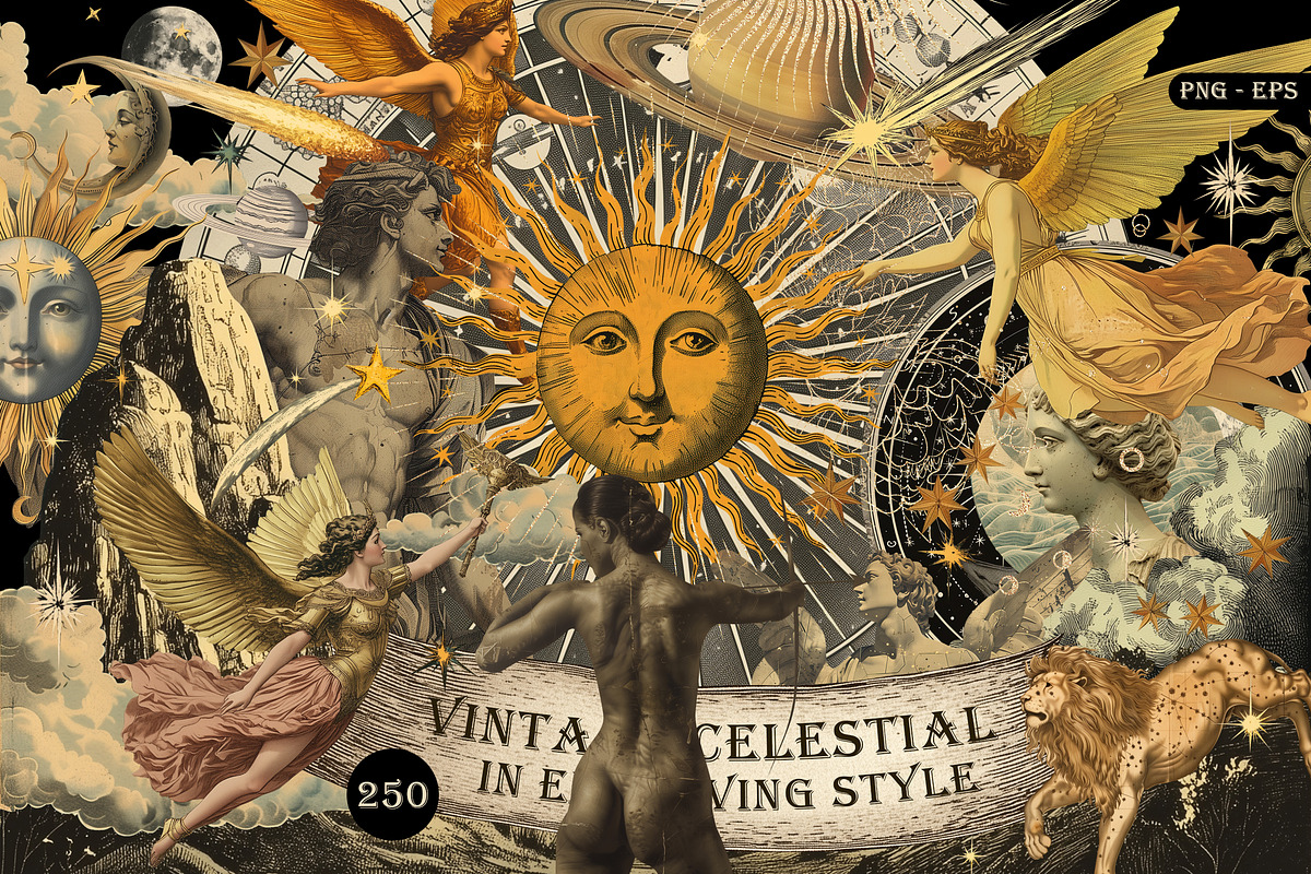 Vintage celestial in engraving style, a Decorative Illustration by ...