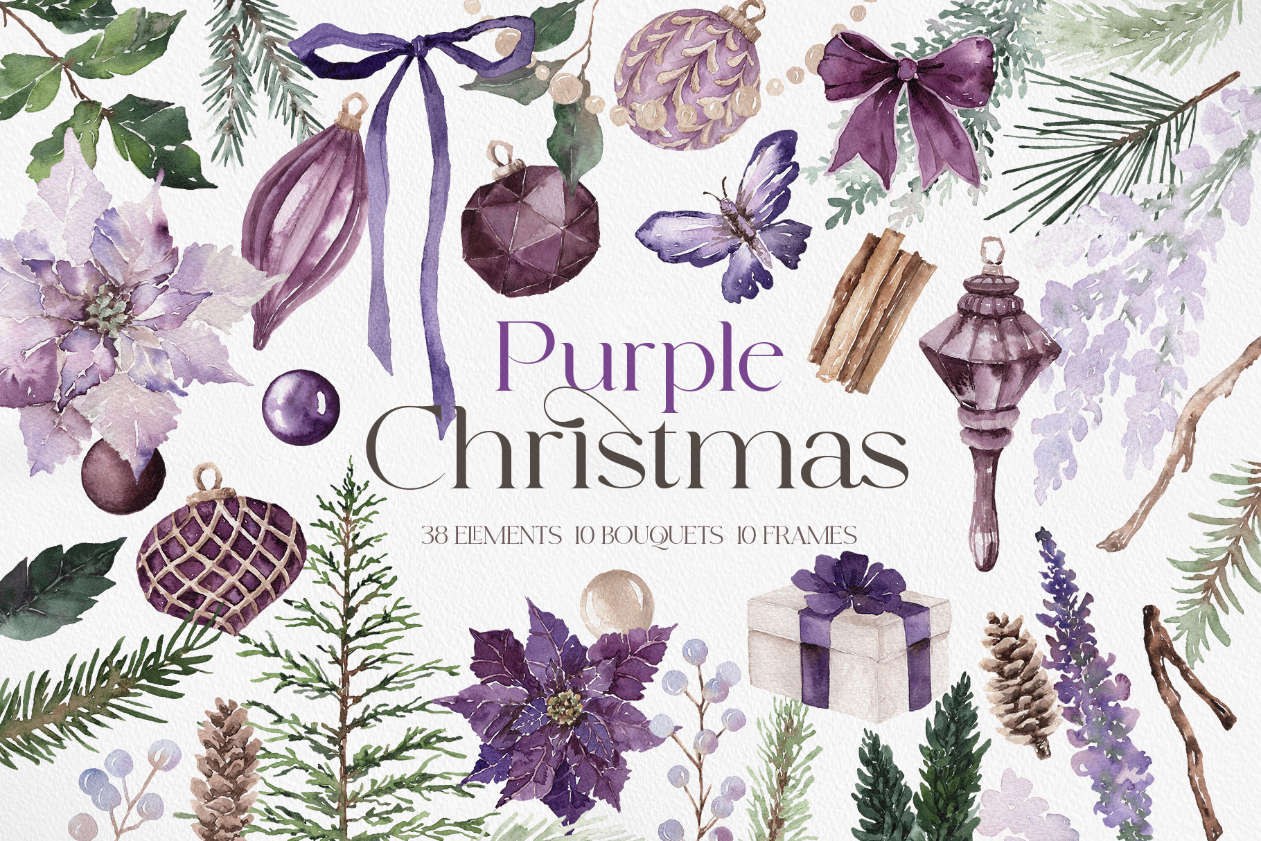 Watercolor Clipart-PURPLE CHRISTMAS, a Decorative Illustration by Beigetime