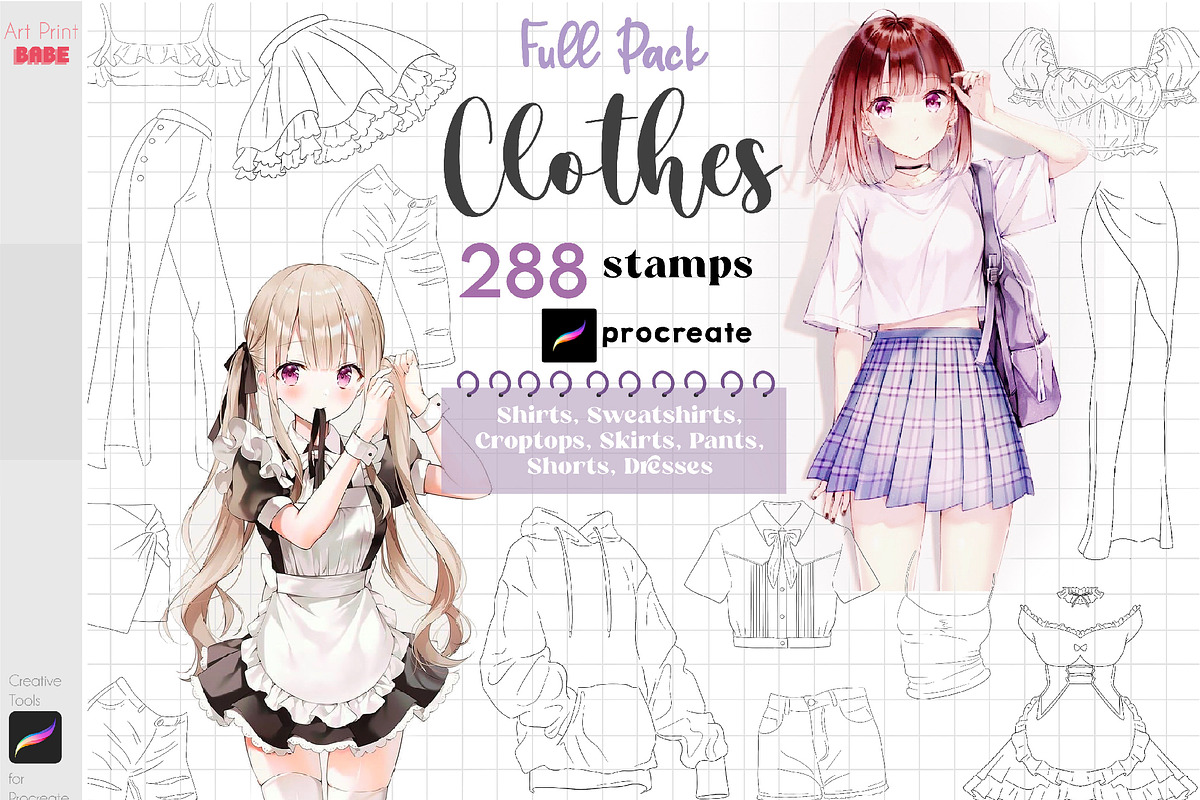 Procreate Clothes Anime Cloth Stamps, a Brush Add-On by ArtPrintBabe