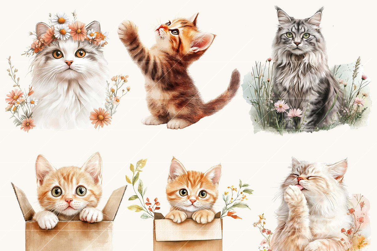 Watercolor Autumn Cat Clipart Bundle, an Animal Illustration by Design ...