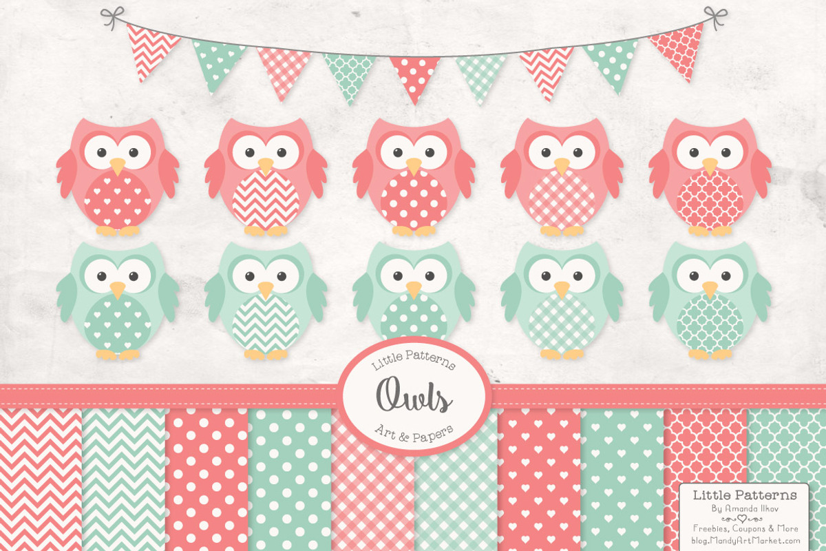 Mint & Coral Owl Clipart & Papers, an Animal Illustration by Amanda ...