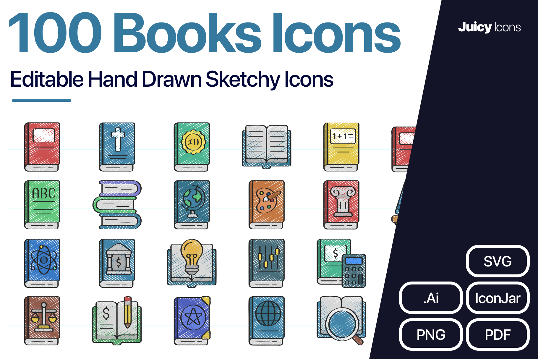 100 Books Hand Drawn Style Icons | Outline Icons ~ Creative Market