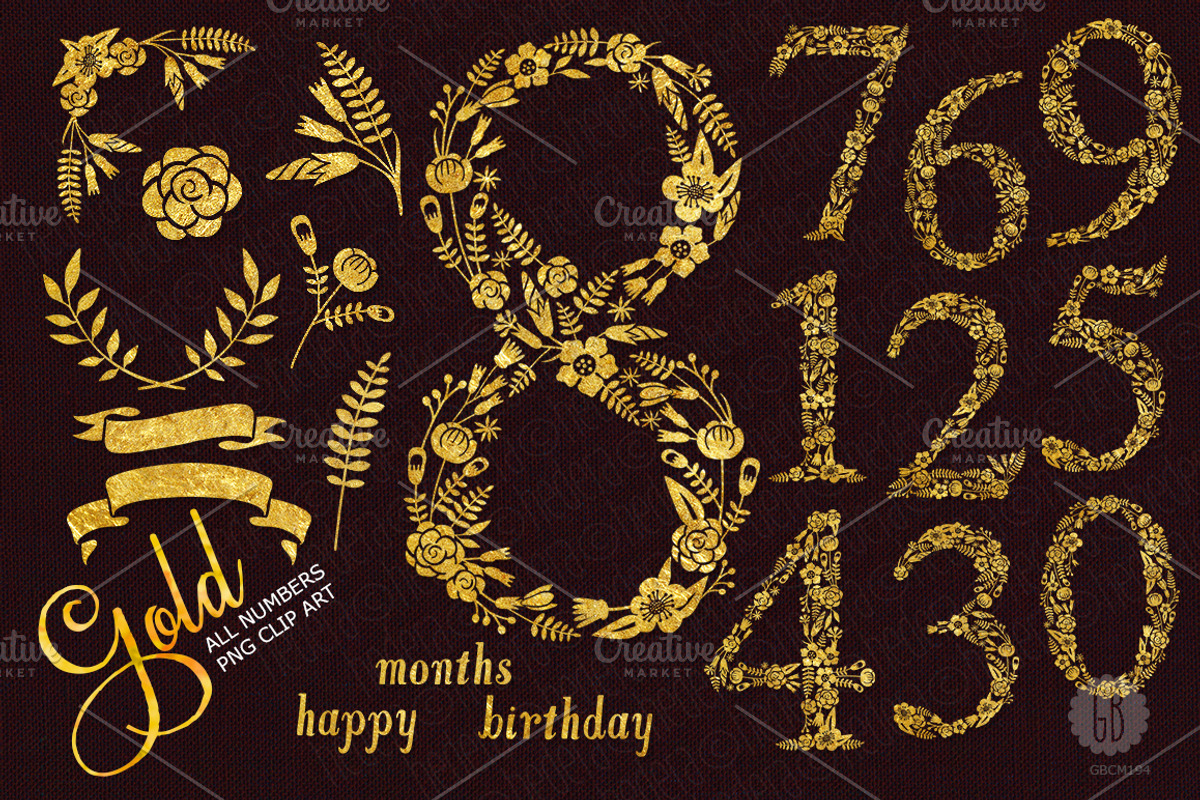 Floral golden numbers glam glitter, an Illustration by GrafikBoutique