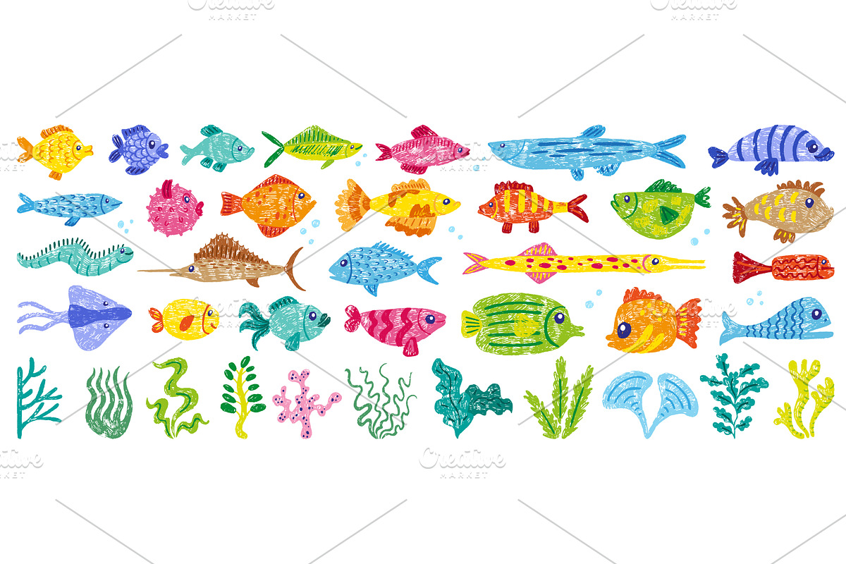 Crayon drawing different fish. Chalk, an Animal Illustration by Valerie ...