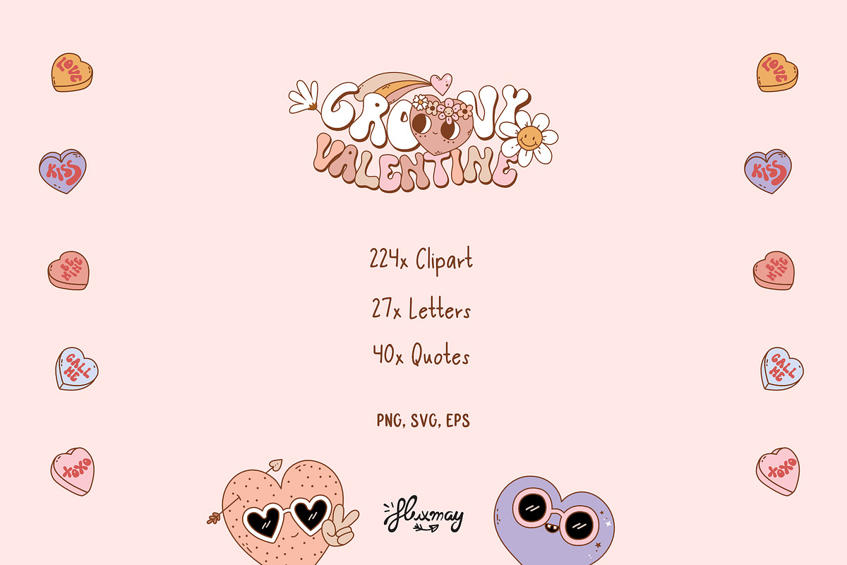 Groovy retro Valentine - clipart set, a Food Illustration by Huxmay