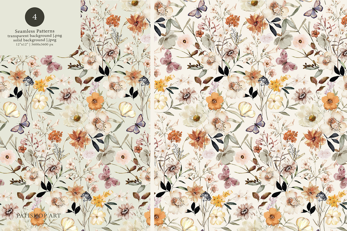Watercolor Meadow Seamless Pattern Set | Creative Market