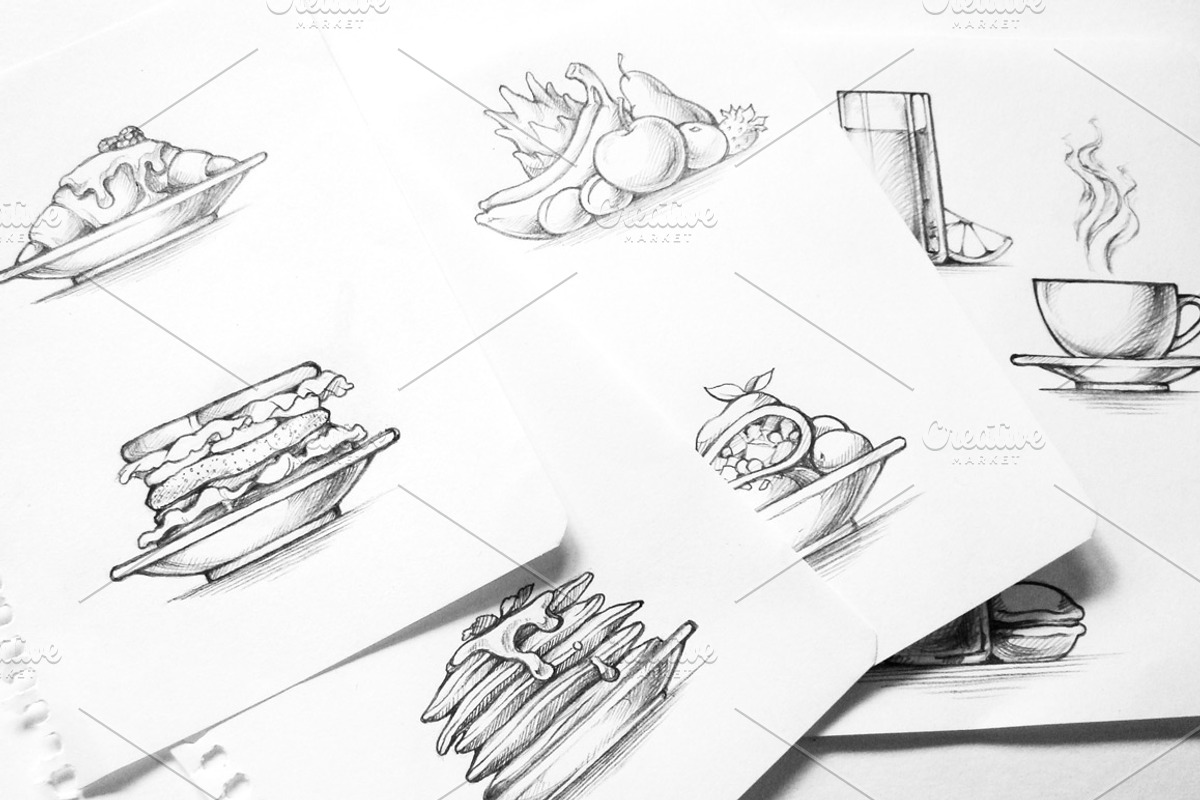 Hand drawn food and drinks set, a Food Illustration by Color and Decor