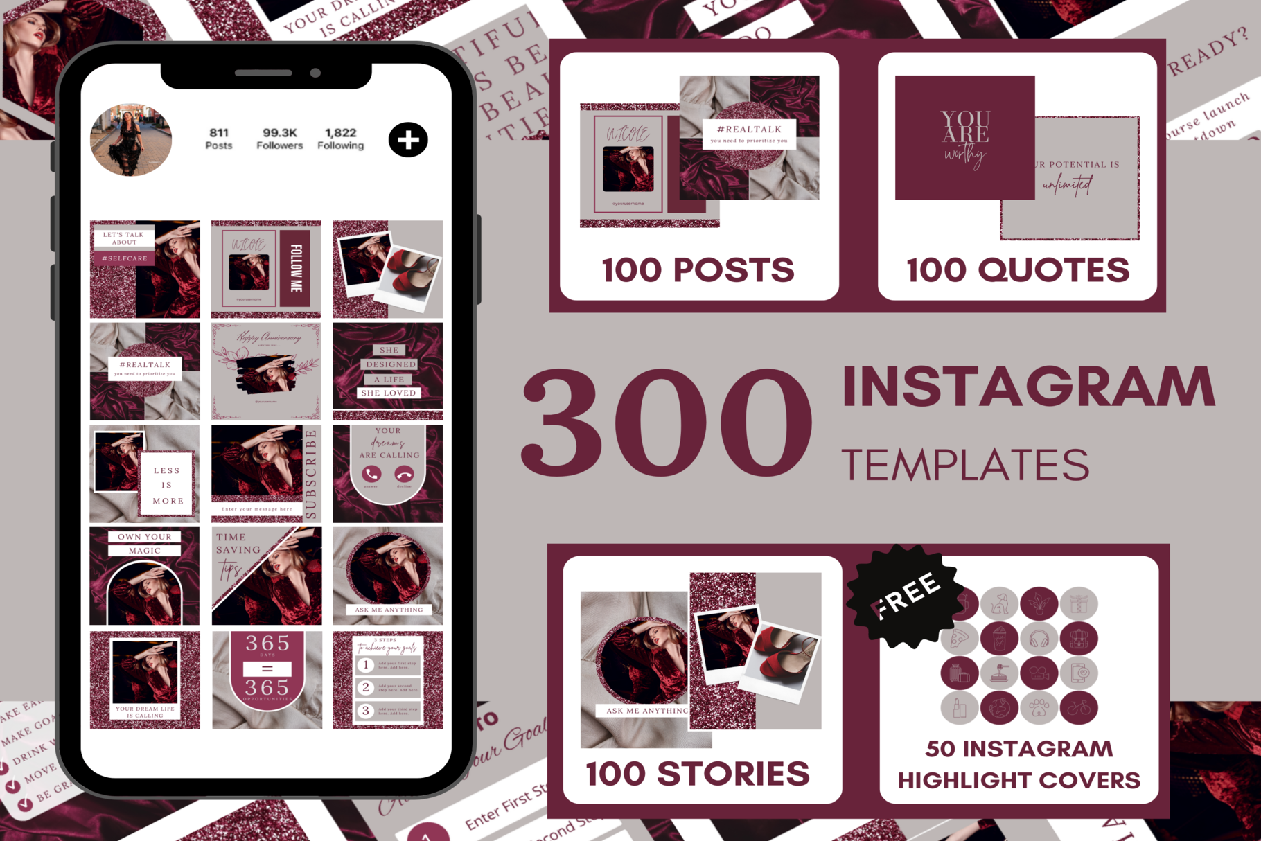 300 Maroon Instagram Template Bundle, a Social Media Template by LushBury