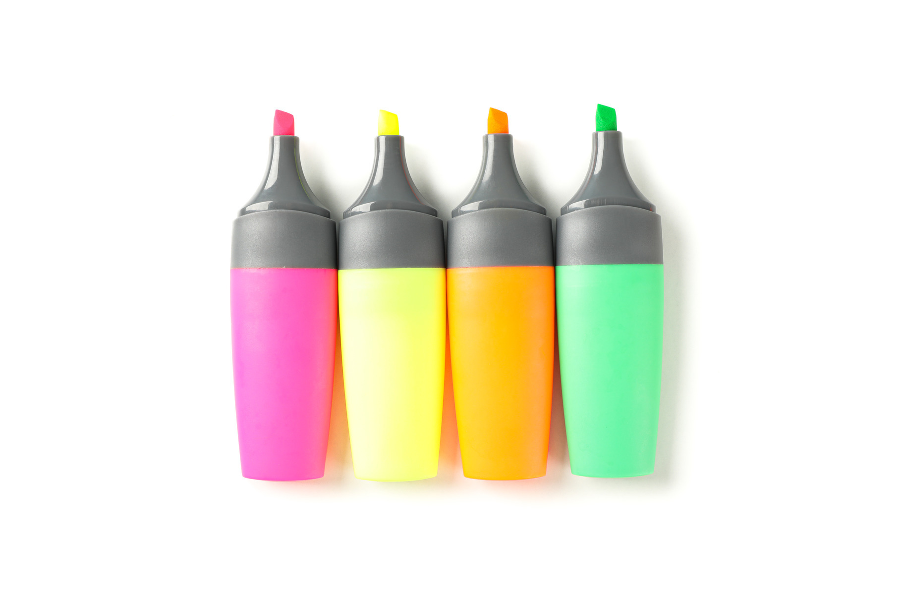 Color office highlighters isolated on white background, top view, a ...