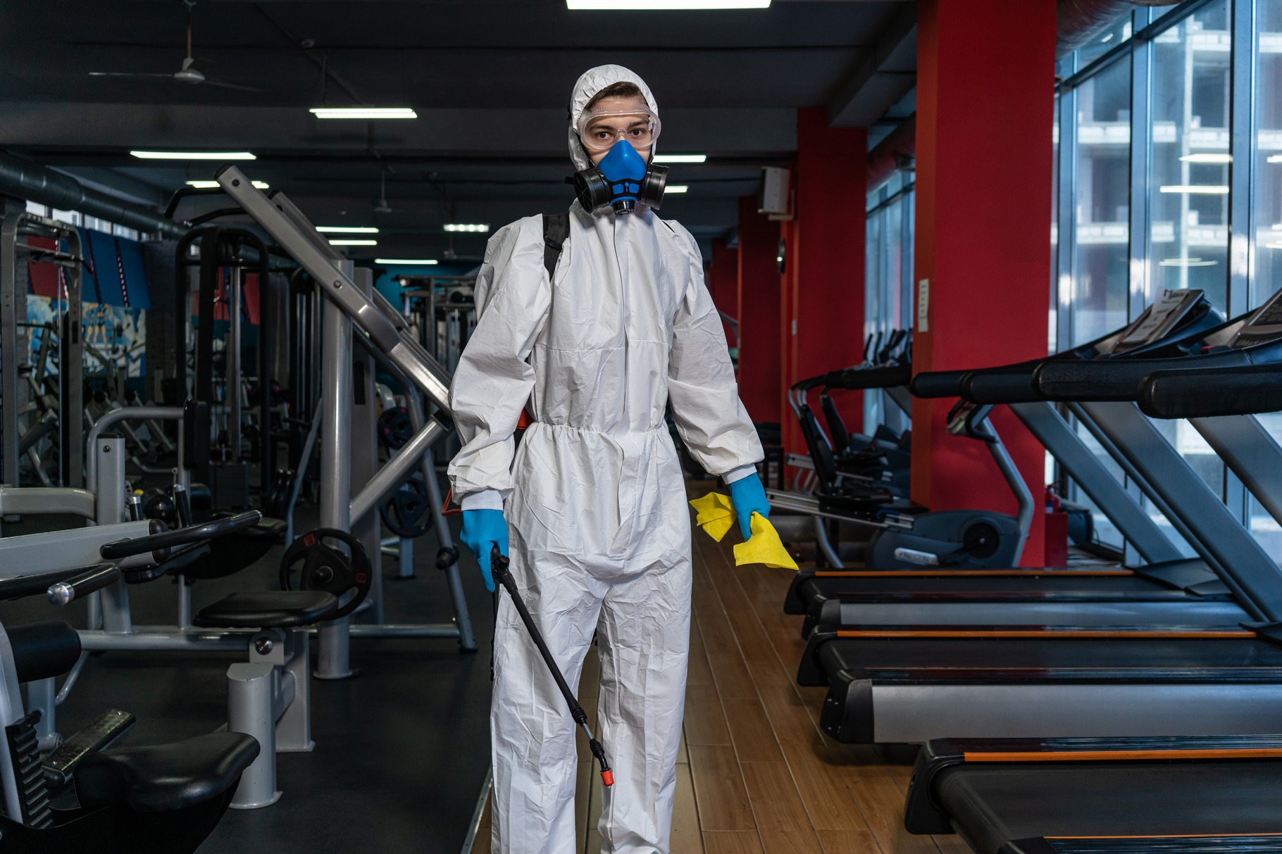 Cleaning and disinfection in crowded featuring disinfectant, mask, and ...