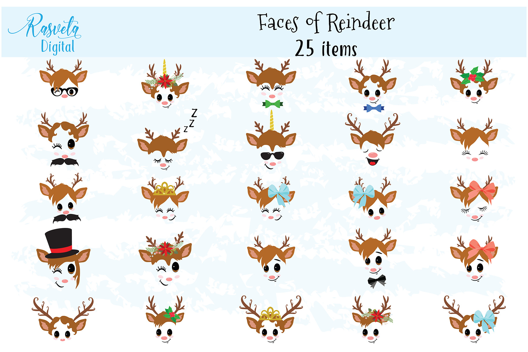 Reindeer Faces clip art set 2, an Animal Illustration by Rasveta
